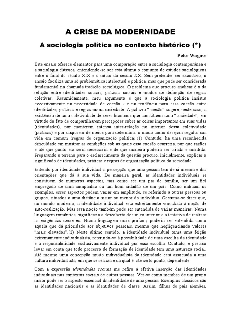 A Crise Da Modernidade Peter Wagner | PDF | Sociologia | Liberalismo