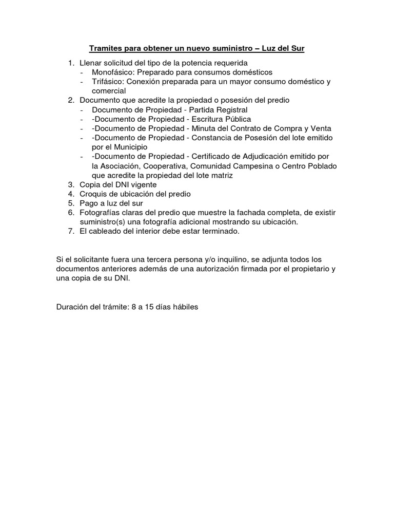 Tramites para Obtener Un Nuevo Suministro - Luz Del Sur PDF | PDF