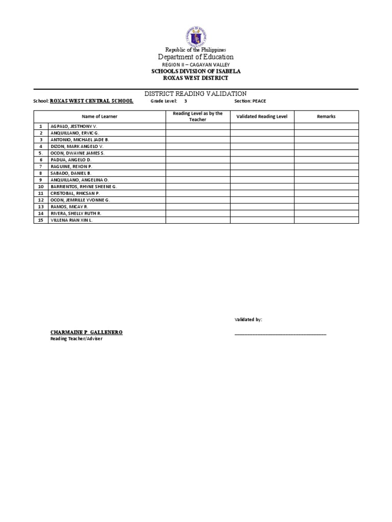 District Reading Validation Template | PDF
