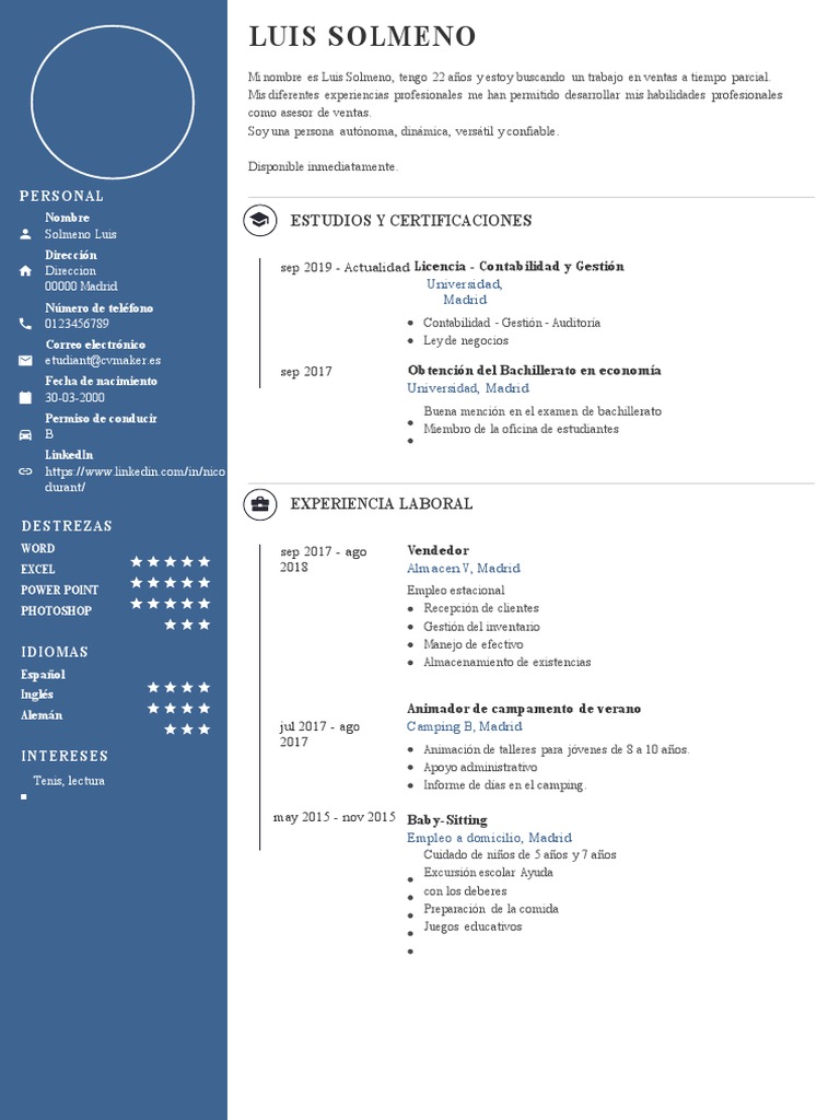 Curriculum Ejemplo Estudiante | PDF | Business