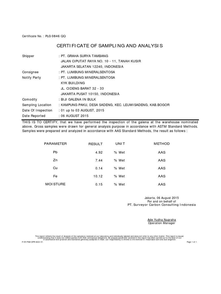 Copy Scan Certificate PLG 0846 QQ - PT. GST - GALENA - Rev | PDF