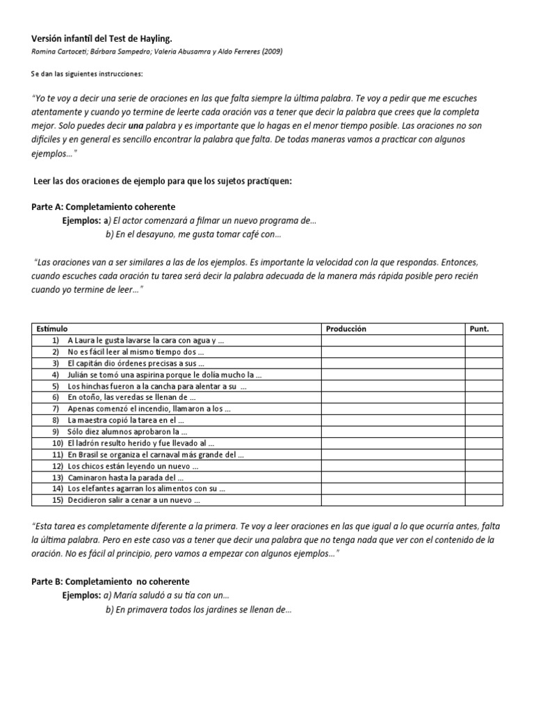 Test de Hayling Infantil: Instrucciones | PDF