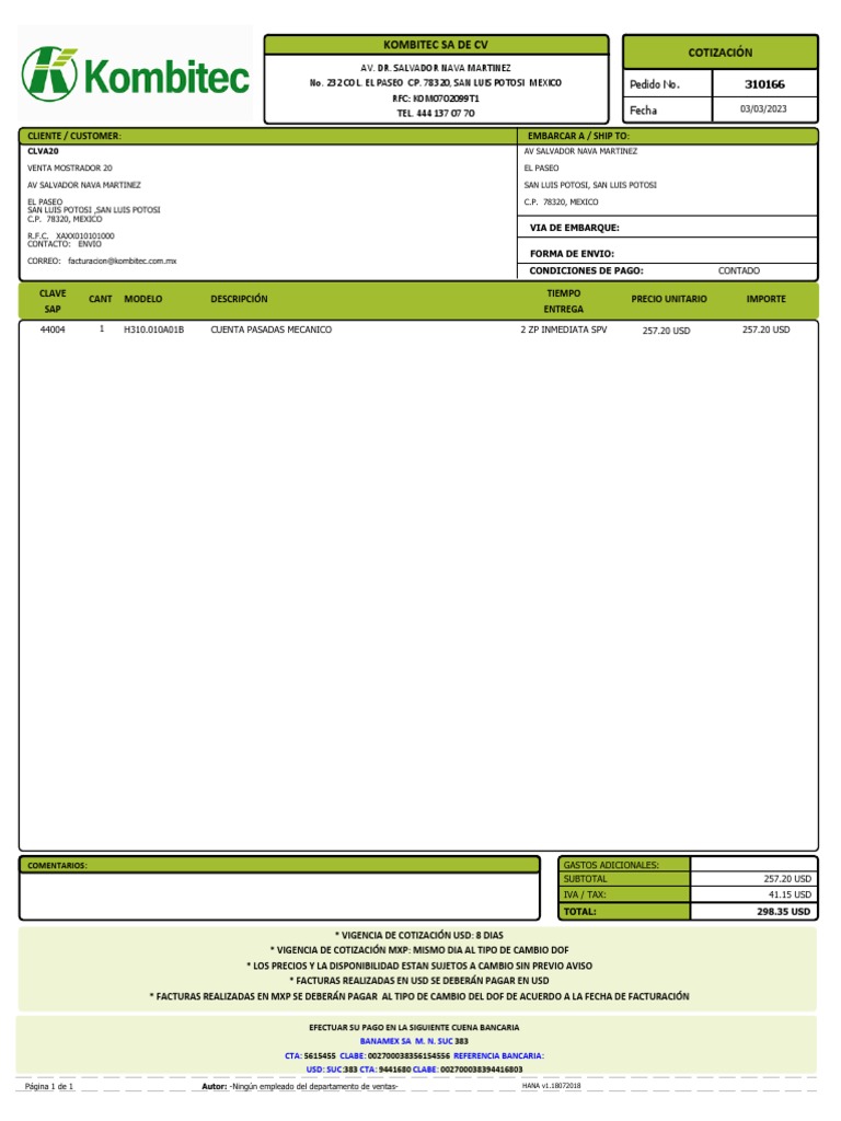 Kombitec Sa de CV Cotización | PDF