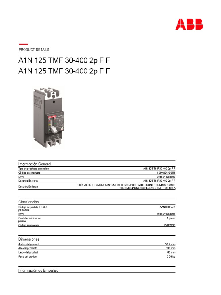 Interruptor ABB A1N 125 TMF 2p F F | PDF | Cantidades fisicas | Energia ...