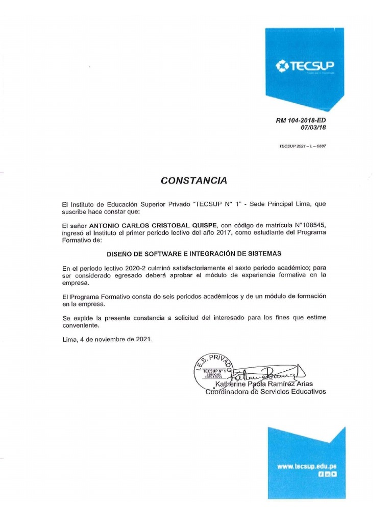 Constacia Estudios Tecsup | PDF