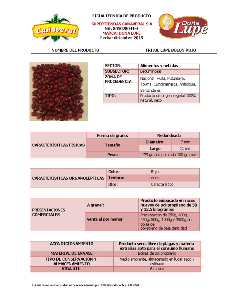 FT Frijol Bolon Rojo Doña Lupe | PDF | gordo | Caloría