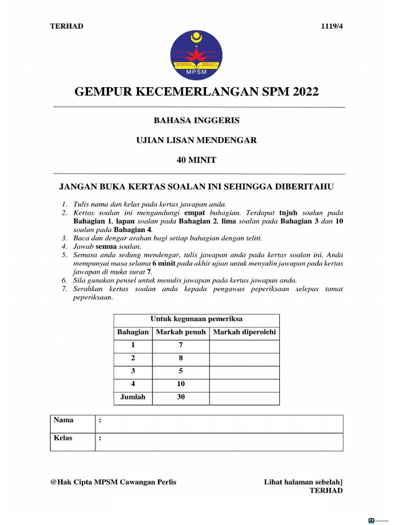 2022 Perlis - MPSM English K4 PDF | PDF