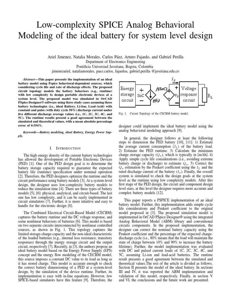 Low-Complexity SPICE Analog Behavioral Modeling of The Ideal Battery ...