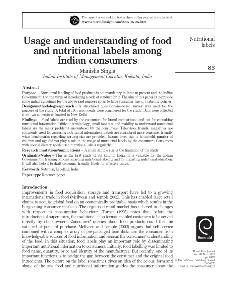 Usage and Understanding of Food and Nutritional Labels Among Indian ...