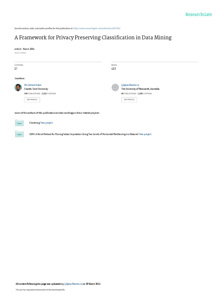 A Framework For Privacy Preserving Classification In Data Mining Pdf Data Mining Data