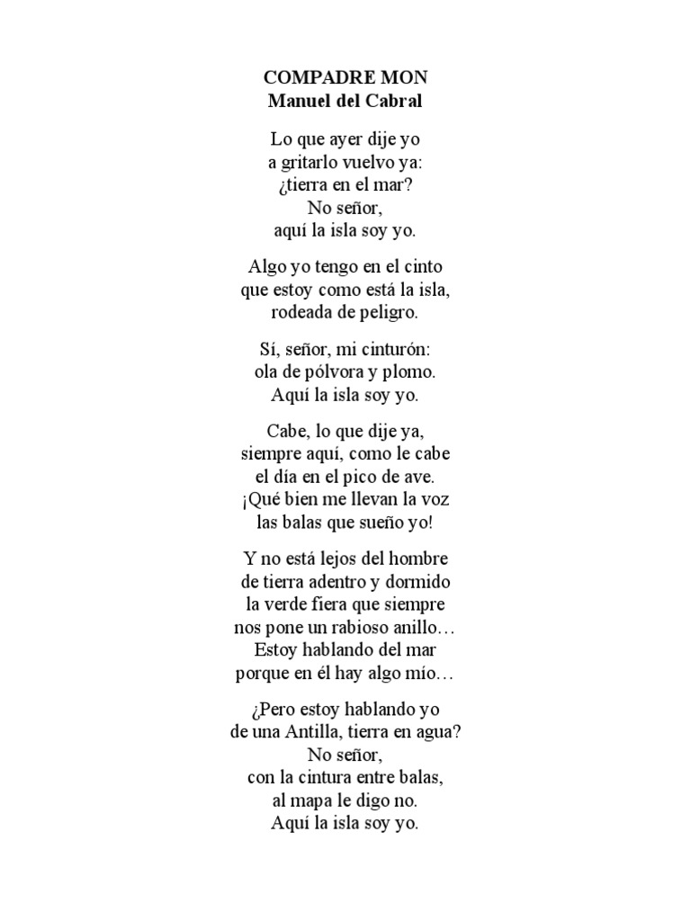 Compadre Mon Manuel del Cabral poema isla cintura balas | PDF