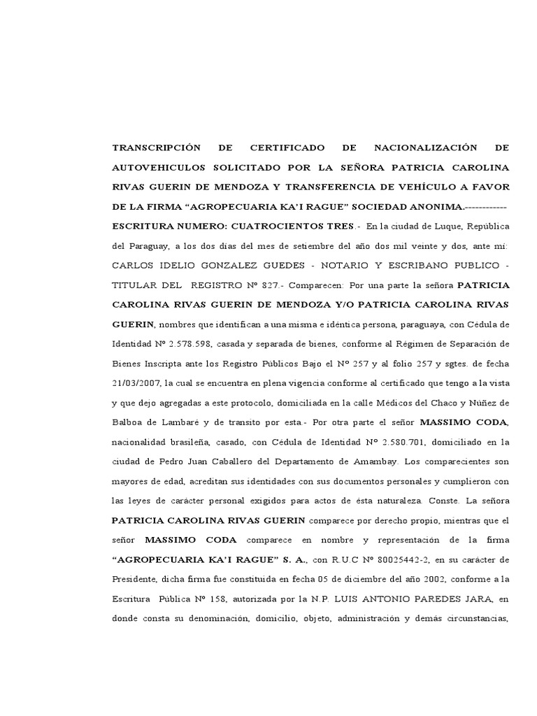 Transcripción de certificado de nacionalización de un camión y transferencia del vehículo a ...