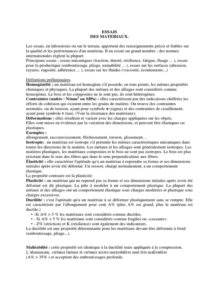 Essais mécaniques des matériaux | PDF | Élasticité (Physique ...