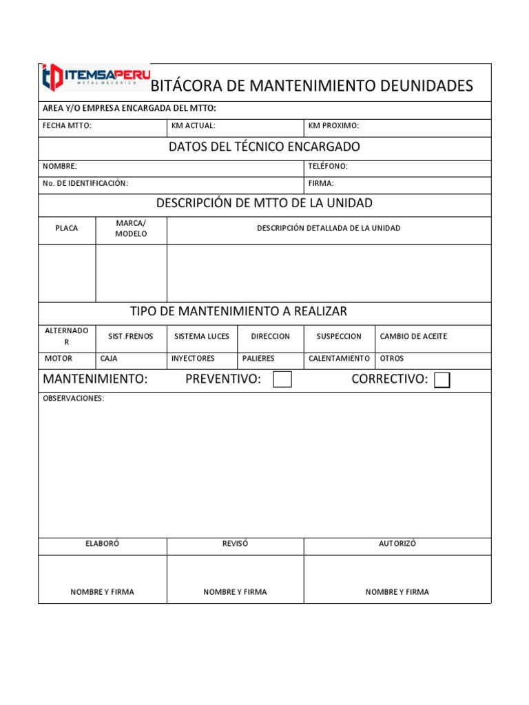 Ejemplo De Bitacora De Mantenimiento