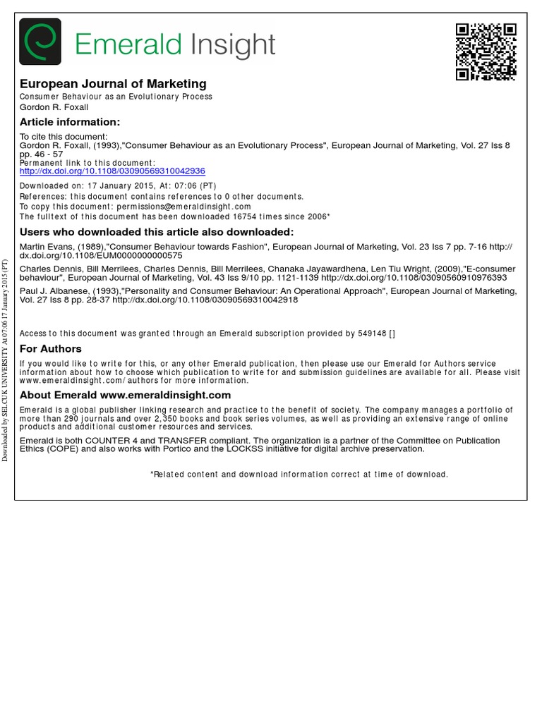 Consumer Behaviour As An Evolutionary Process by Gordon R. Foxall PDF | PDF | Behavior ...