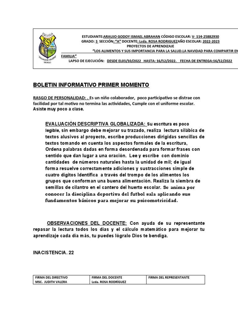 BOLETIN DE TERCER GRADO PRIMER MOMENTO | PDF | Aprendizaje | Salón de ...