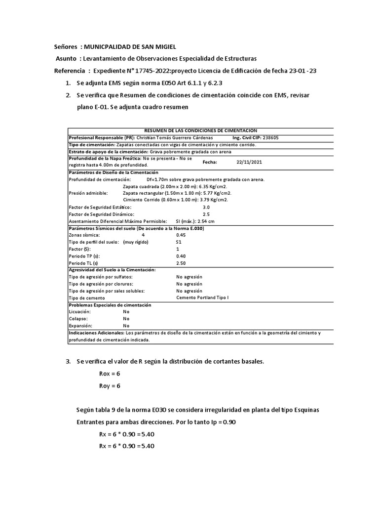 Respuesta a observaciones de proyecto de licencia de edificación incluyendo cálculos ...