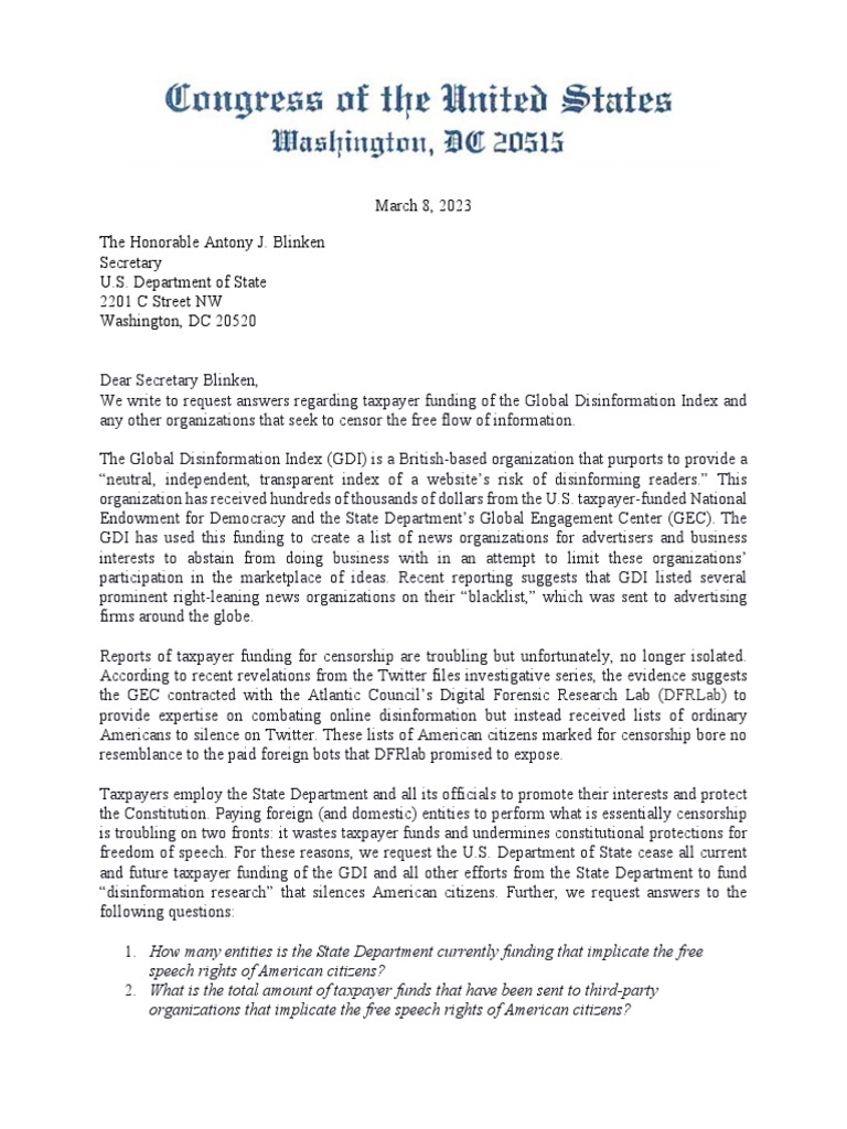 GDI Letter From Rep. Buck To Sec Blinken | PDF | Censorship | United ...