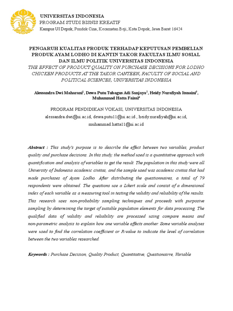 Pengaruh Kualitas Produk Terhadap Keputusan Pembelian Produk Ayam Lodho ...