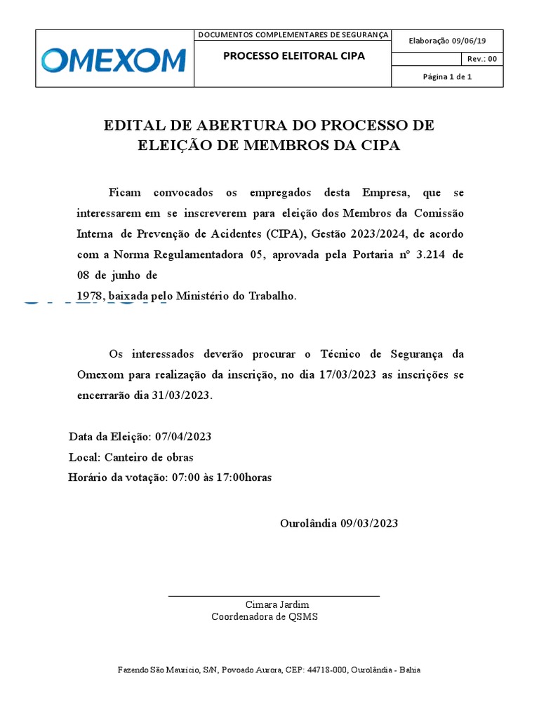 04-Edital de Abertura Do Processo de Eleição de Membros Da Cipa | PDF
