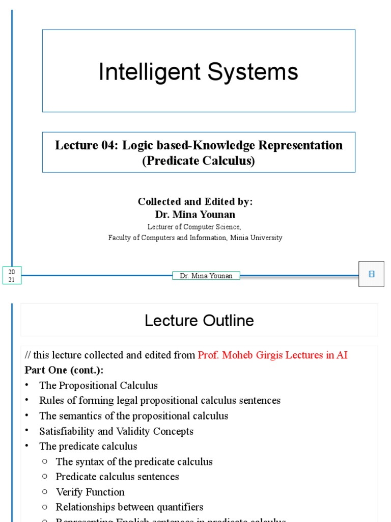 IntSys Lec 04 Predicate Calculus DR - Mina | PDF | Interpretation (Logic) | First Order Logic