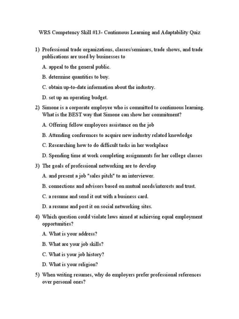 WRS Competency Skill #13 Continuous Learning and Adaptability Quiz | PDF | Employment | Business