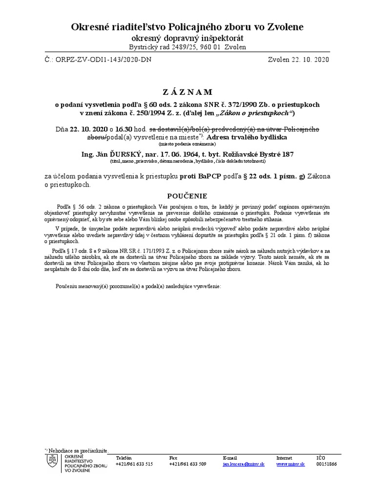 Záznam o Podaní Vysvetlenia - Ďurský | PDF