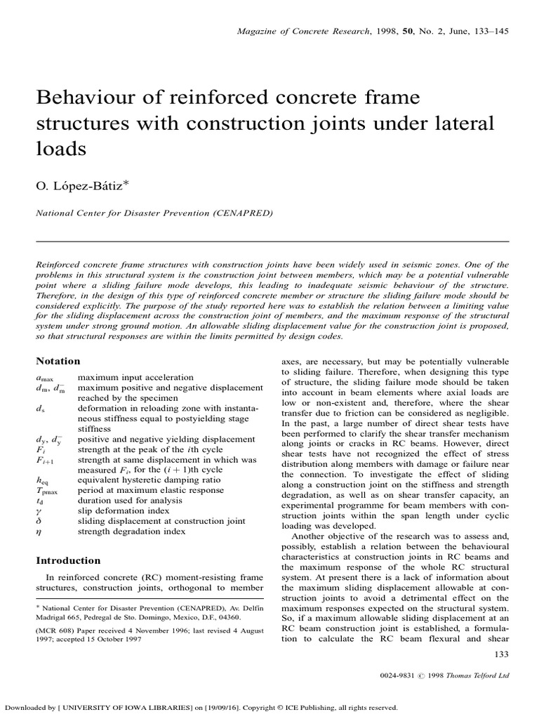 Behaviour Of Reinforced Concrete Frame Structures With Construction Joints Under Lateral Loads