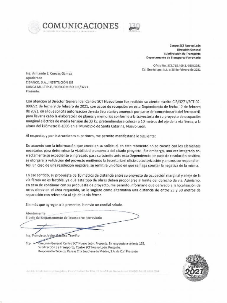 Escrito SCT Marginal Cfe Lin 35KV Sendero 7mar2021 PDF | PDF