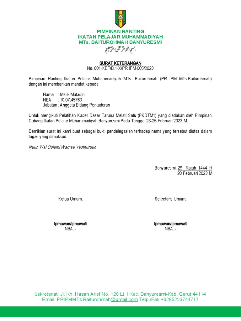 005-Surat Mandat PR IPM MTs. Baiturohmah (Contoh) | PDF