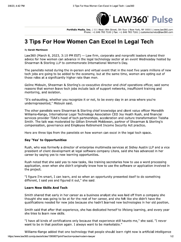 3 Tips For How Women Can Excel in Legal Tech - Law360 | PDF