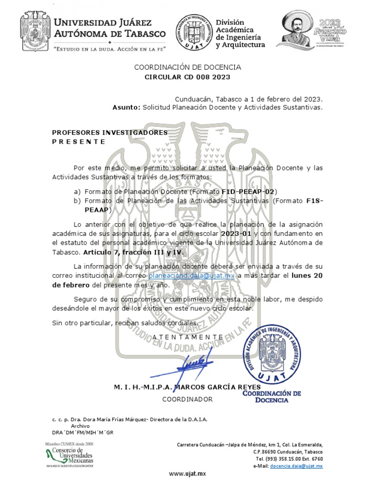 Circular 008 Solicitud PD 01 de Febrero CICLO 2023-1 PDF | PDF