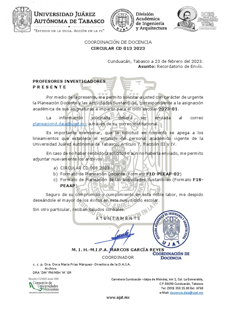 Circular 013 Recordatorio de Planeación Docente CICLO 2023-1 PDF | PDF