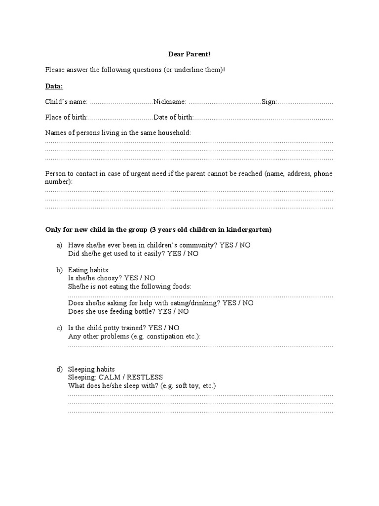 Questionnaire For Parents in Kindergarten | PDF | Clinical Medicine ...