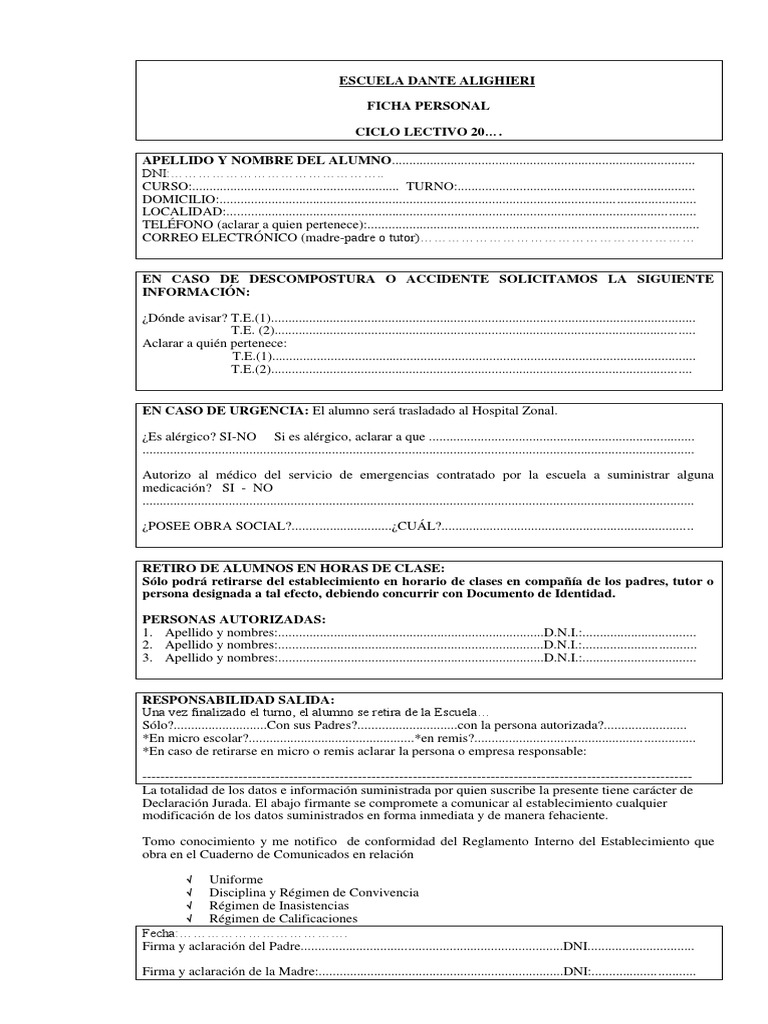 Ficha Personal Alumno Primaria | PDF