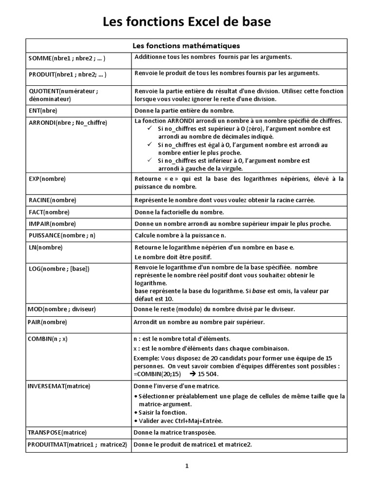 Fonctions Excel | PDF | Nombre | Arrondi (mathématiques)