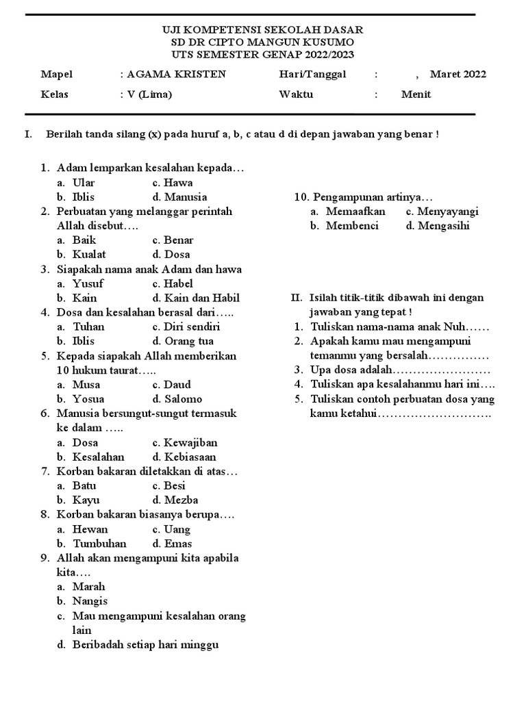 Soal Agama Kristen Kelas 5 | PDF