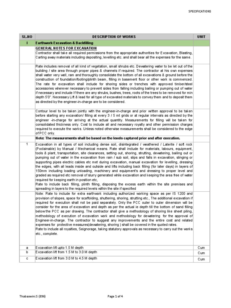 Specifications for Earthwork Excavation & Backfilling | PDF | Mortar ...