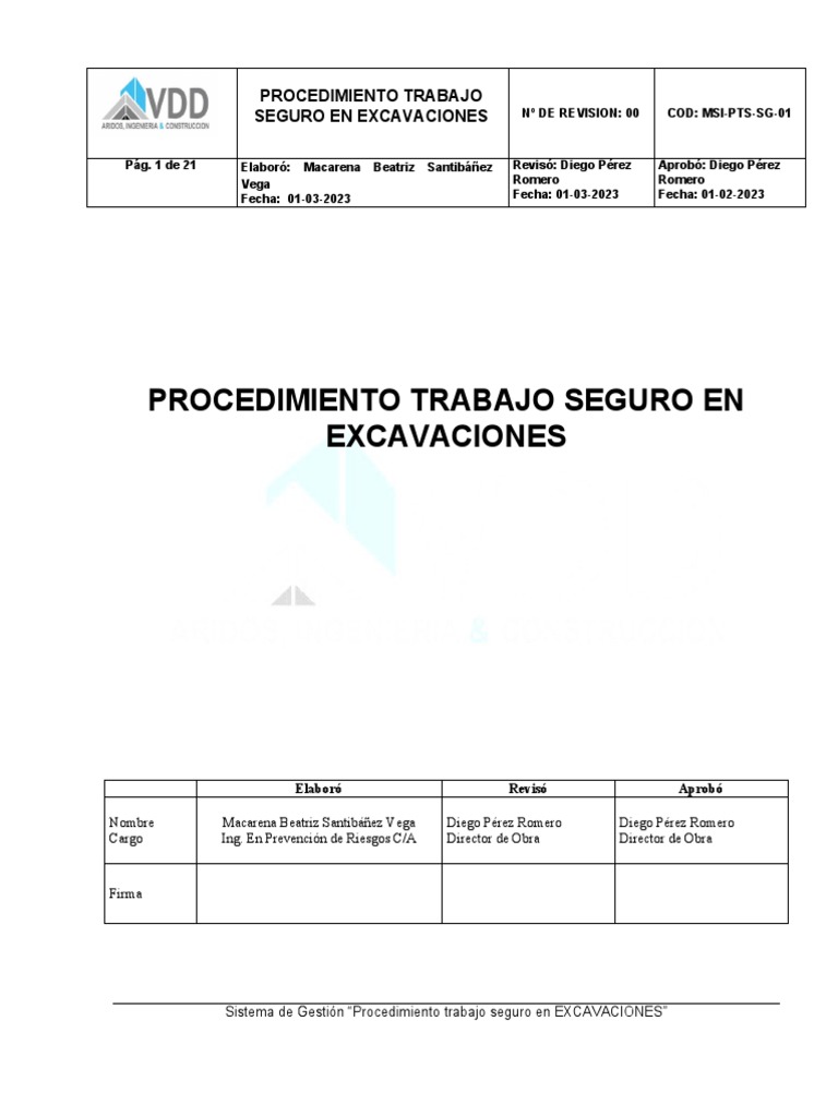 Procedimiento Excavaciones | PDF | Administración de Seguridad y Salud ...