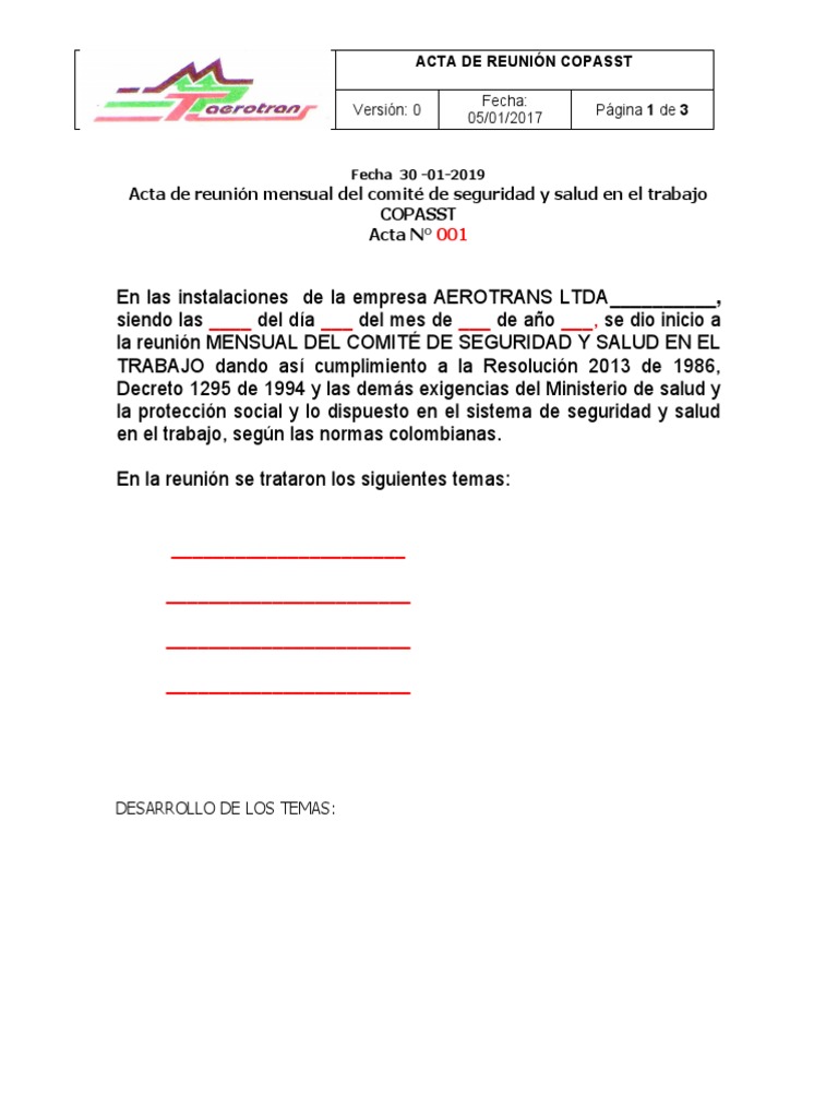 Acta de Reunion de Copasst | PDF