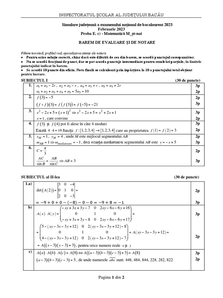 Barem Simulare BAC MATE Stiintele Naturii Feb 2023 2 | PDF