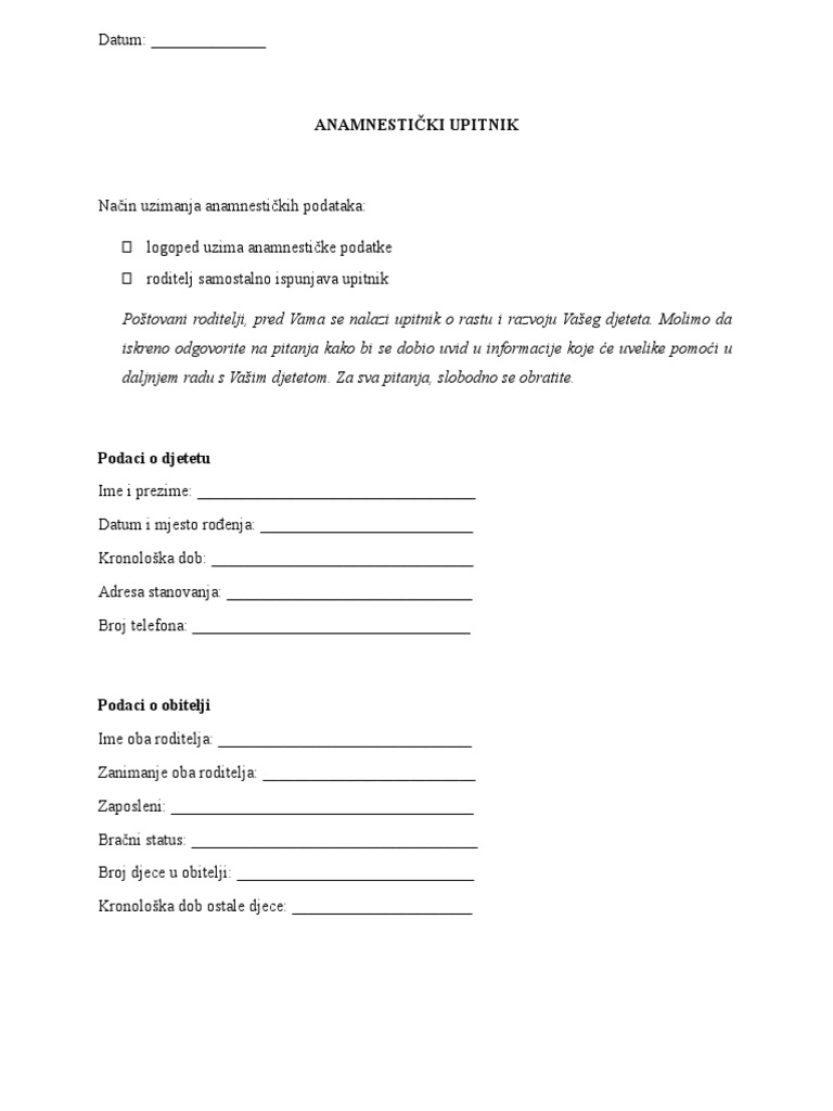 Anamnestički Upitnik | PDF