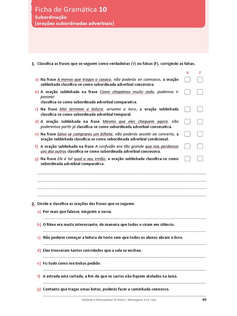 Mensagens11 Ficha 10 Subordinacao or Sub Adverbiais | PDF | Linguística