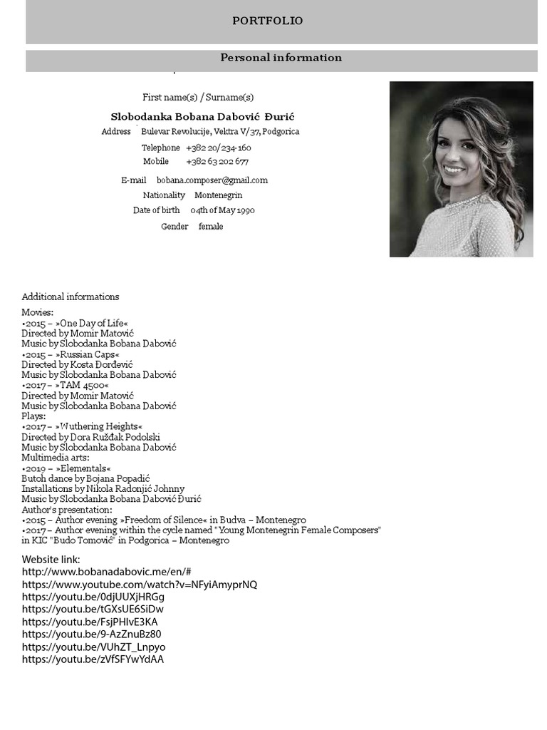 PORTFOLIO Slobodanka Bobana Dabovic Djuric | PDF | Montenegro | Quartet