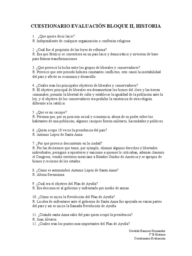 Cuestionario Evaluación Bloque Ii Historia | PDF | Gobierno
