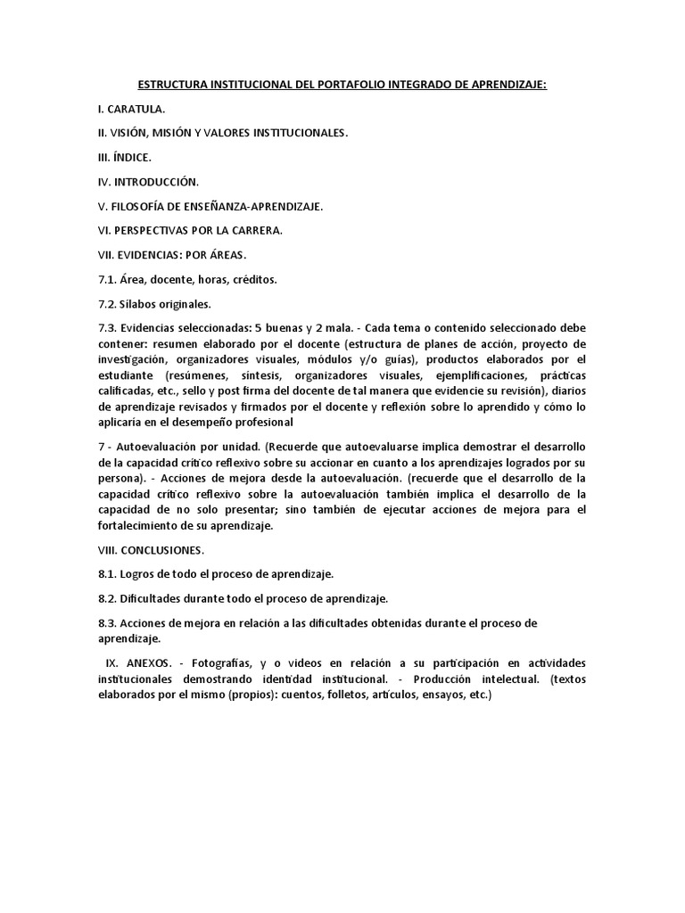Estructura Institucional Del Portafolio Integrado de Aprendizaje | PDF