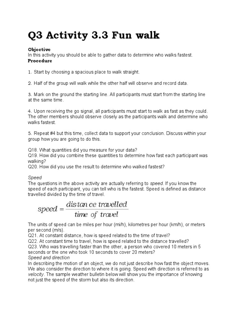 Measuring Speed Through a Fun Walk Activity: An Experiment to Determine ...