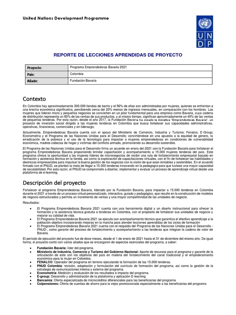 Informe de Lecciones Aprendidas PDF | PDF | Programa de las Naciones Unidas para el Desarrollo ...