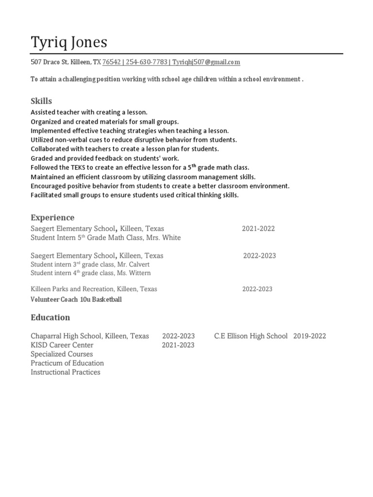 Tyriq Jones: Education Intern Resume | PDF