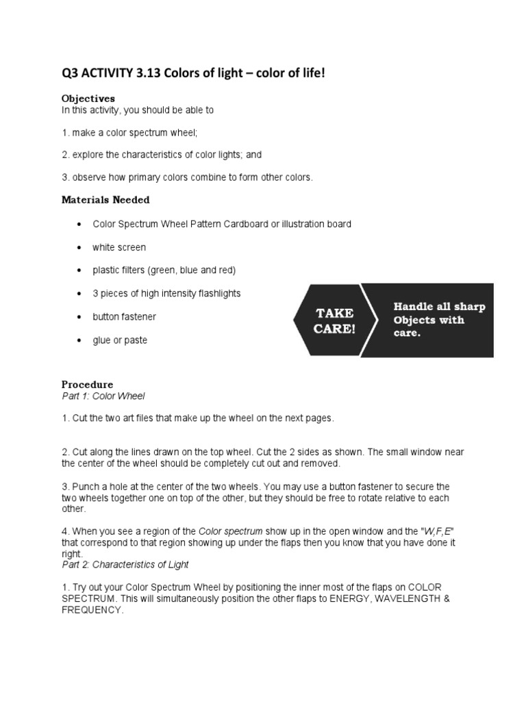 Activity Sheets For Colors Of Light